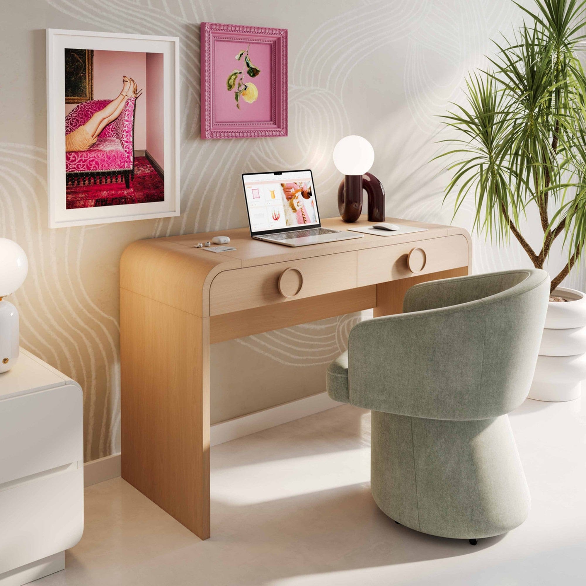 Bellamy Natural Ash 2 Drawer Vanity Desk with Mirror Meadow Blu